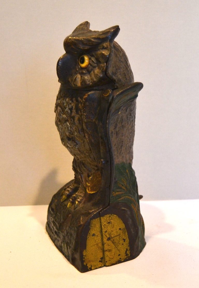 Bargain John's Antiques | Antique Cast Iron JE Stevens Owl Mechanical ...